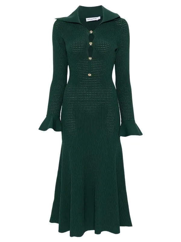 SELF-PORTRAIT Collared Knit Midi Dress With Flared Cuffs - Green
