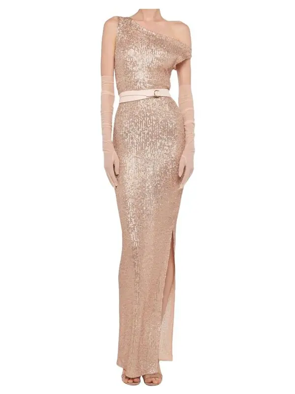 Norma Kamali Sequin-embellished Gown With Versatile Neckline And Side Slit - Nude