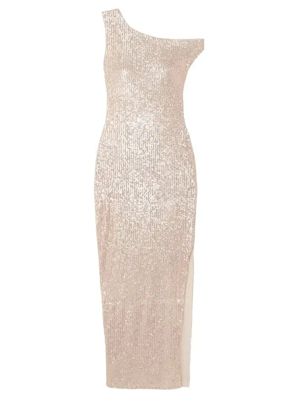 Norma Kamali Sequin-embellished Gown With Versatile Neckline And Side Slit - Nude