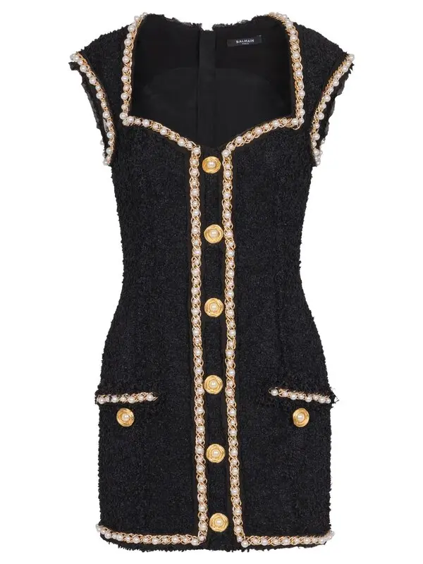 Balmain Sleeveless Tweed Dress With Pearl Trim - Black