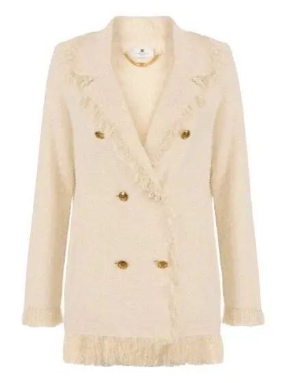 Elisabetta Franchi Fringed Bouclé Knit Double-breasted Jacket - Cream