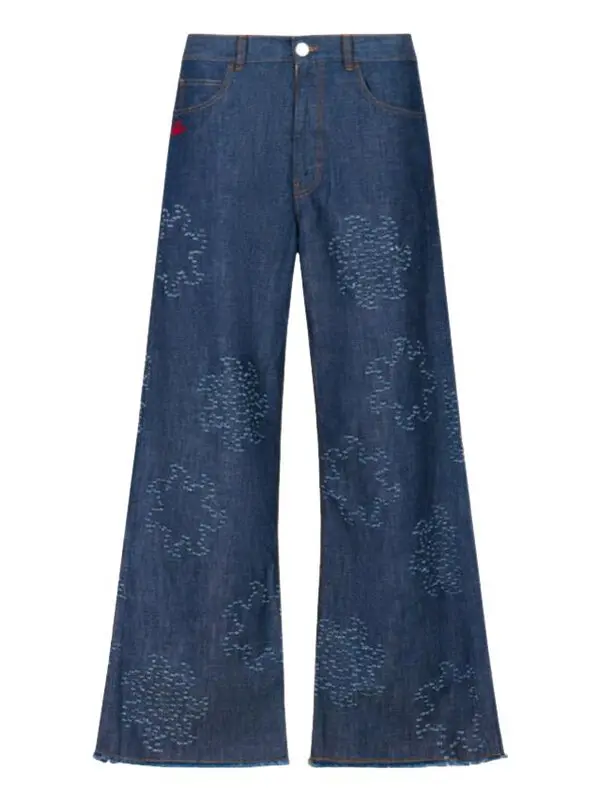 Marni Frayed Sun Motif Chambray Wide-leg Jeans - Orion Blue