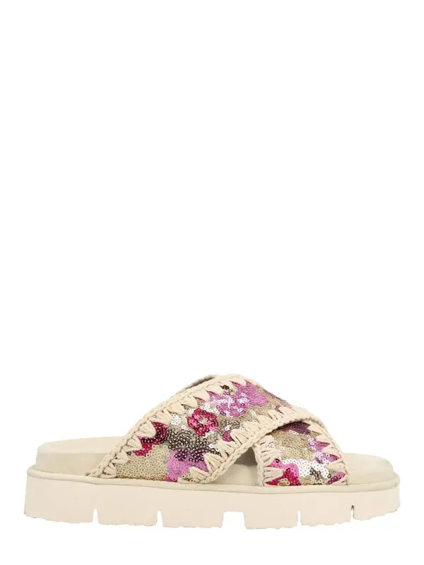 Mou Criss Cross Embellished Flat Sandals - Nude