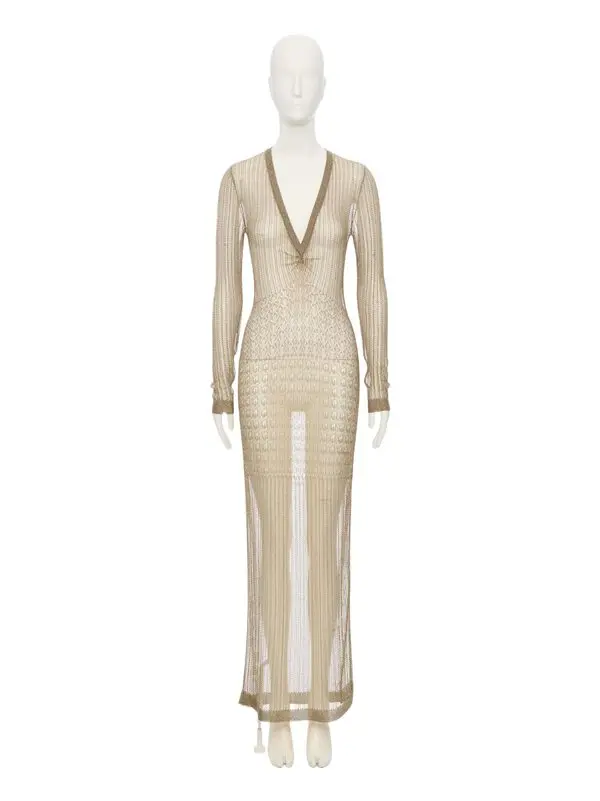 Valentino Garavani Long-sleeved Sheer V-neck Maxi Dress - Nude