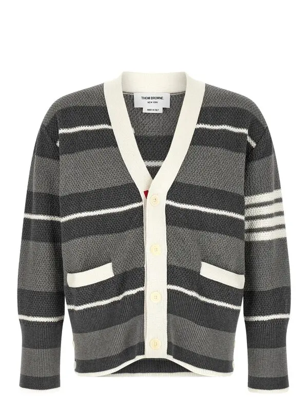 Thom Browne Striped Heavy Cotton Cardigan - Grey