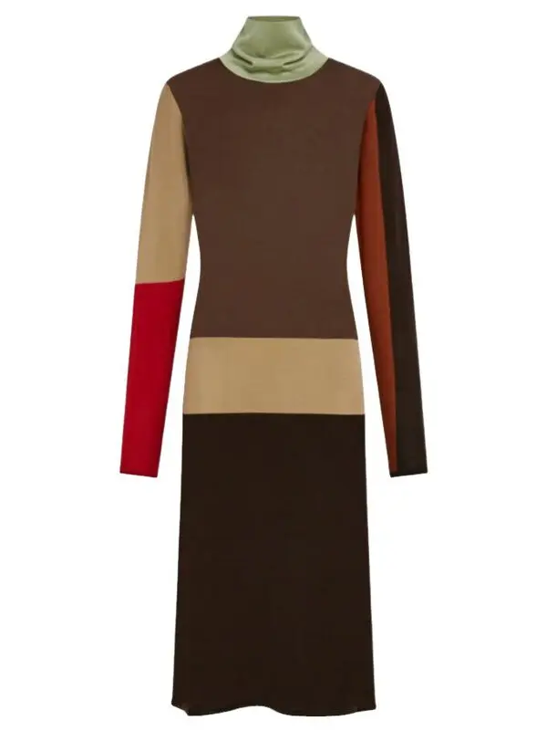 FERRAGAMO Color-blocked Long Sleeve Dress - Clay/charred Sage