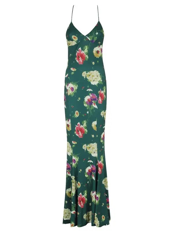Norma Kamali Low Back Slip Fishtail Gown - Flower Green And Colorful