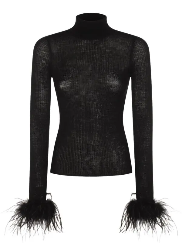 Blumarine Feather-trimmed Ribbed-knit Jumper - Black