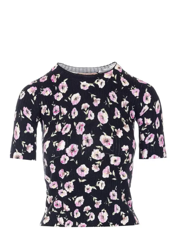 TWINSET Crewneck Floral-print Ribbed Short-sleeve T-shirt - Black
