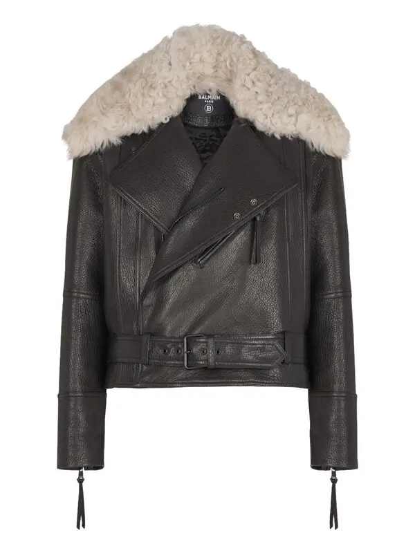 Balmain Leather Jacket With Detachable Shearling Collar - Black