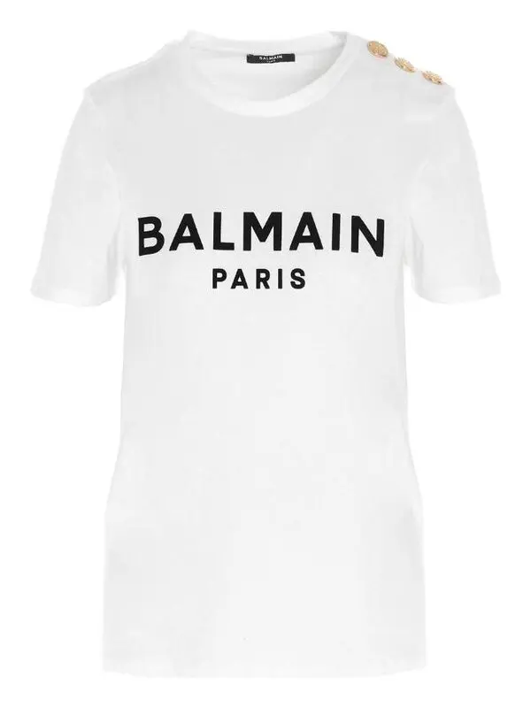 Balmain Logo Printed Crewneck T-shirt With Button Detail - No