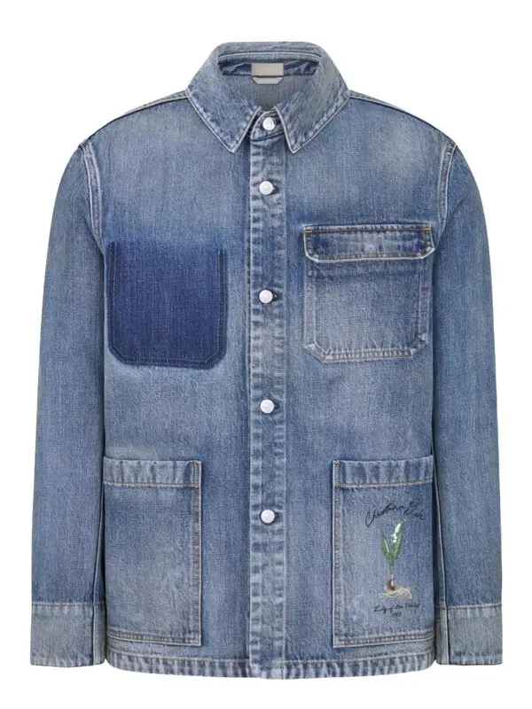 Dior Collared Button-up Embroidered Denim Jacket - Blue