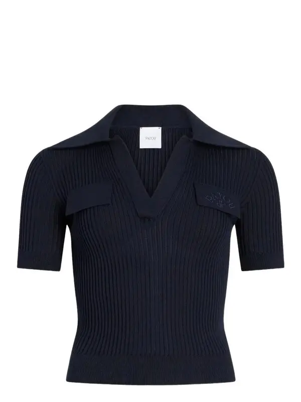 PATOU Ribbed Knit Polo Top With Embroidered Pocket - Black