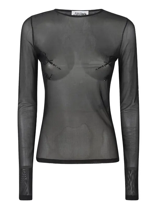 JEAN PAUL GAULTIER Embroidered Mesh Crewneck Long Sleeve Top - Black