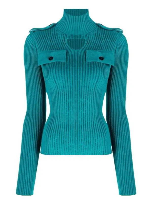 Bottega Veneta Rib-knit Cut-out Jumper With High Neck And Epaulettes - Blue