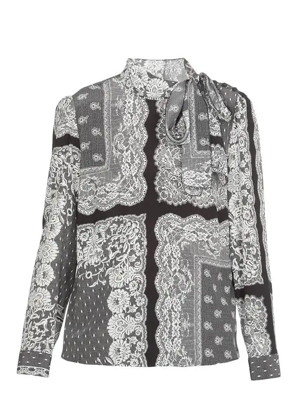 Red Valentino Long Sleeve Printed Bow Tie Blouse - Gray