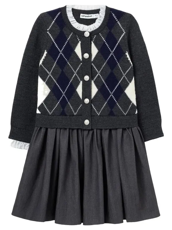 SELF-PORTRAIT Argyle Knit Buttoned Dress With Faux Pearl Embellishments - Grey
