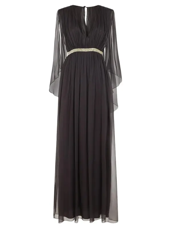 Alberta Ferretti Chiffon Maxi Dress With Long Sleeves And Pleats - Fantasia Marrone