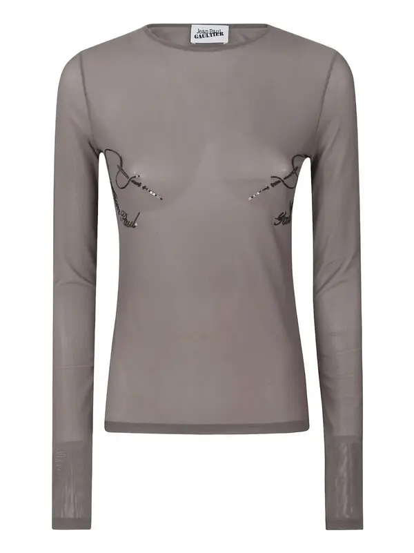 JEAN PAUL GAULTIER Mesh Crewneck Long Sleeve Top With Sequined Embroidery - Gray