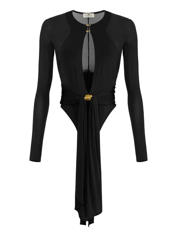Elisabetta Franchi Long-sleeve Cut-out Bodysuit Top With Embellished Clasp - Black