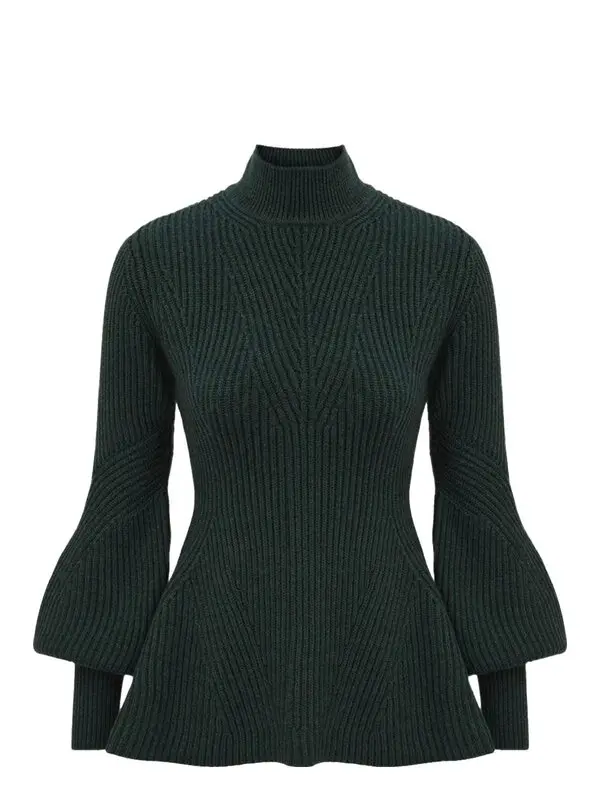 Zimmermann Hypnotic Ribbed Knit Turtleneck Sweater With Blouson Sleeves And Peplum Hem - Dark Green