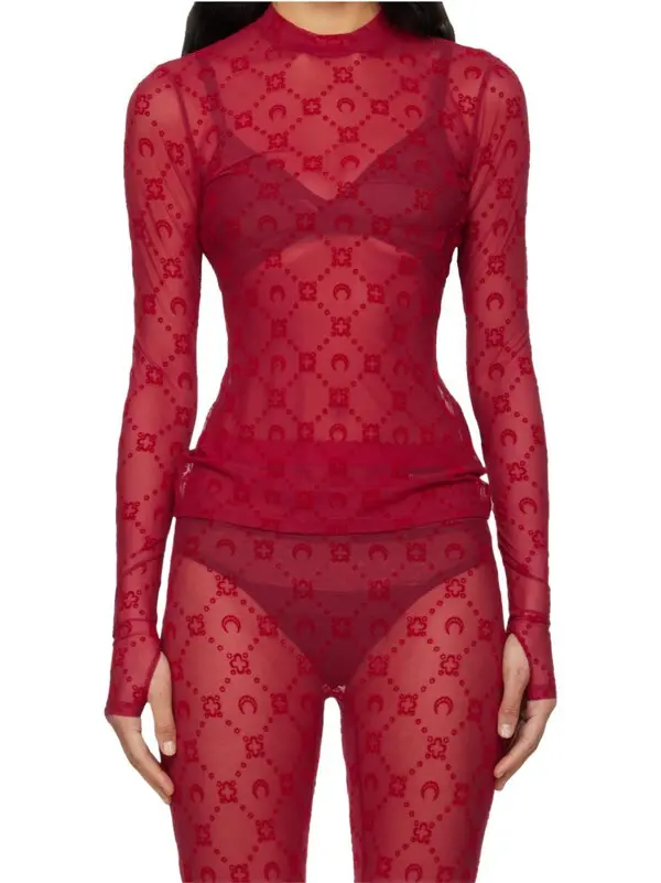 MARINE SERRE Long-sleeve Sheer Mesh Printed Top - Red