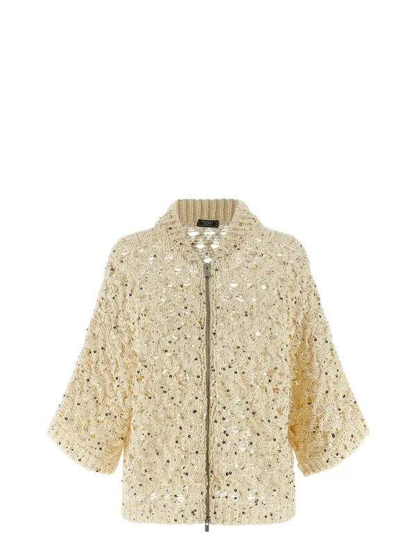 Peserico Sequined Mesh Zip Cardigan - Beige