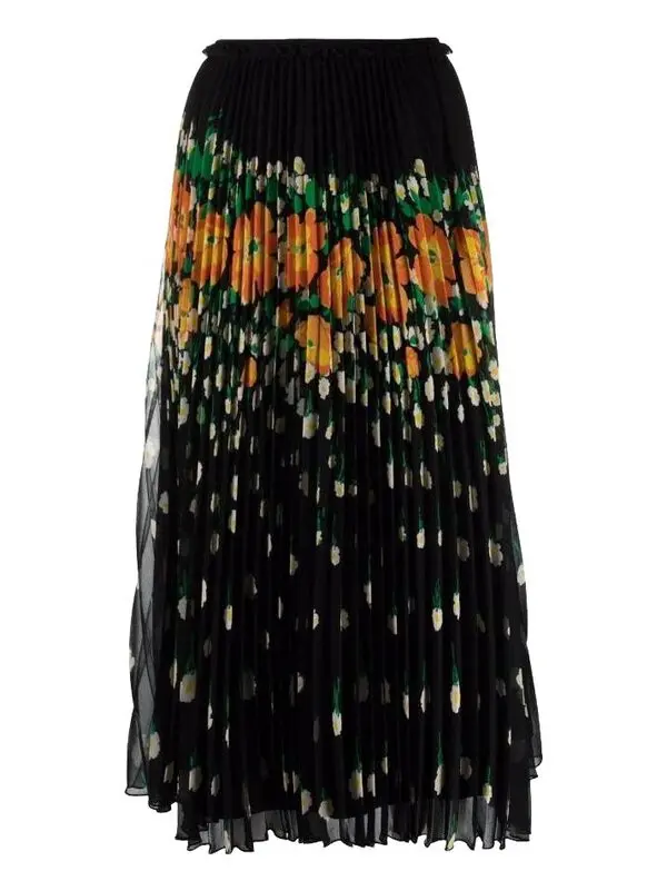 Red Valentino Floral Print Pleated Midi Skirt - Black