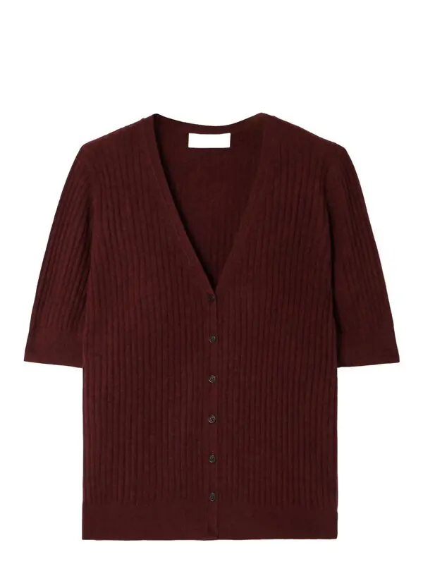 Arch4 V-neck Ribbed Knit Cardigan With Half Sleeves - Brown
