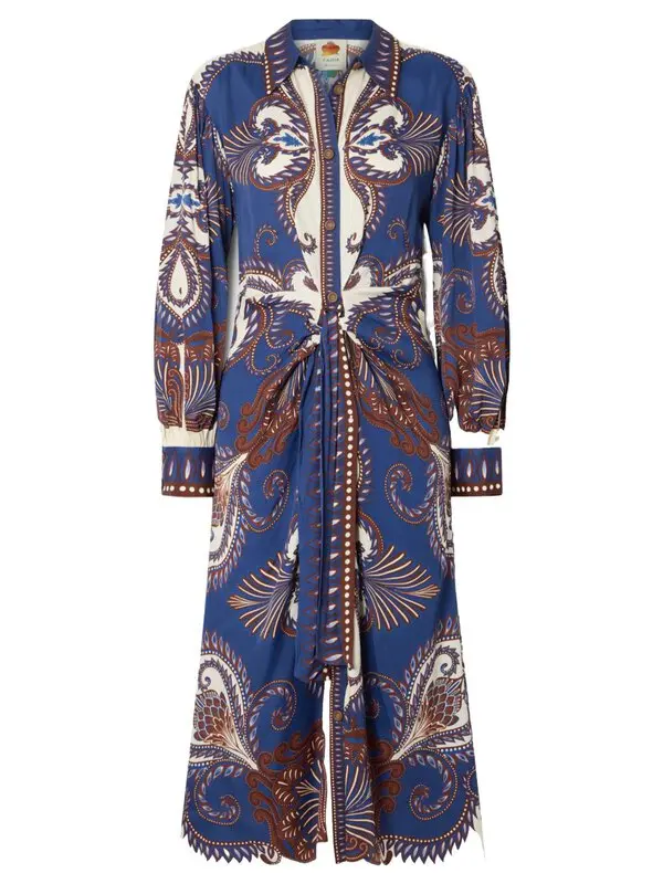 Farm Rio All-over Printed Tied-waist Long-sleeved Dress - Blue