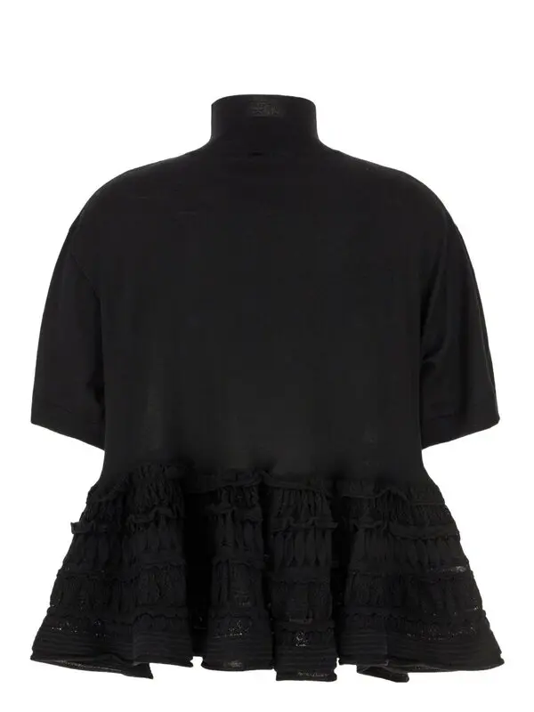 Alaïa High Neck Short Sleeve Lace Trim Top - Black