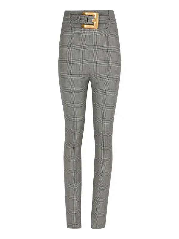 Balmain Checked Belted High-waist Pants - Gray