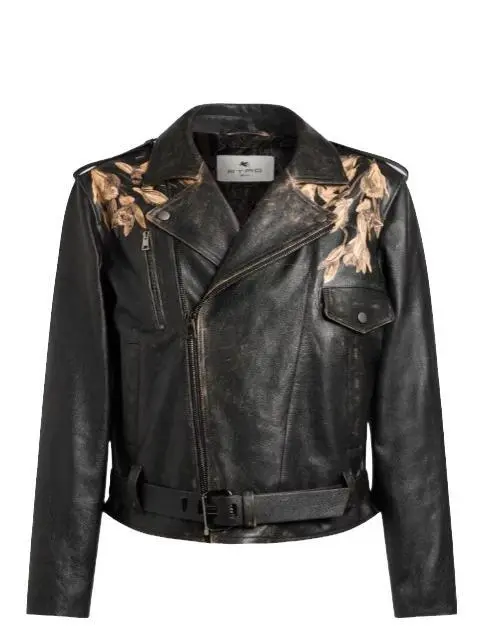 Etro Leather Biker Jacket With Placed Leopard Print - Black