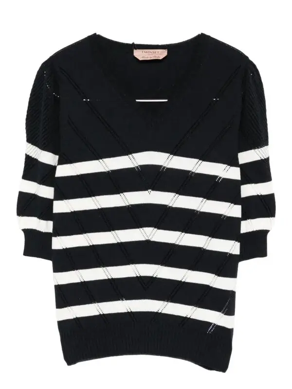 TWINSET Striped V-neck Top - Black