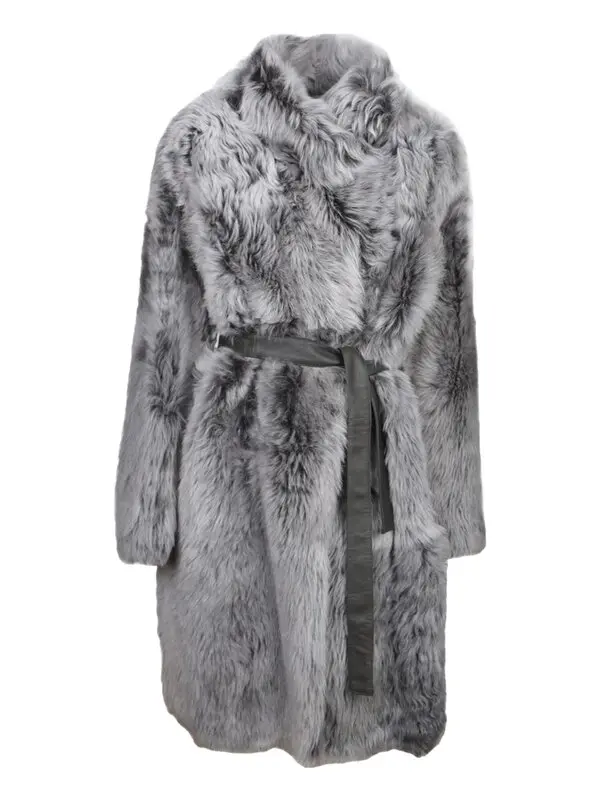 YVES SALOMON Shearling Belted Coat - Grey