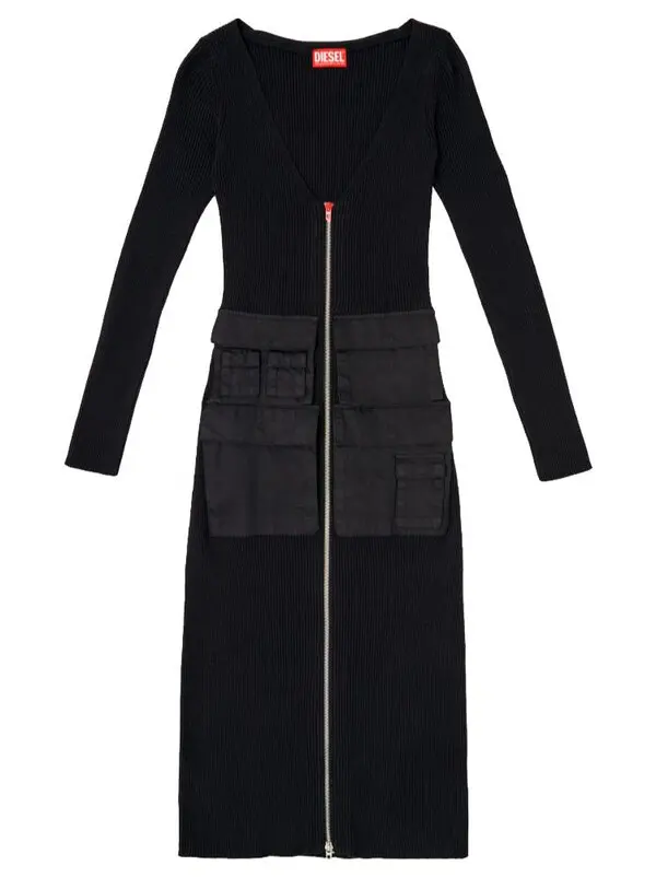 DIESEL® Ribbed Zip-front Pocketed Midi Dress - Black