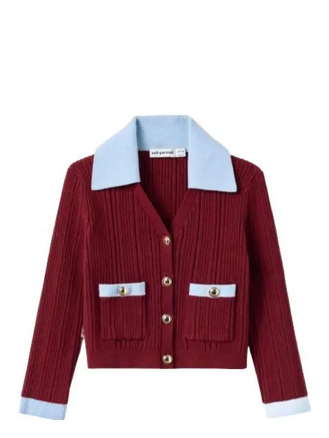 SELF-PORTRAIT Ribbed Knit Collared Cardigan - Burgundy