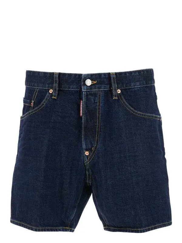 Dsquared2 Logo Patch Contrast Stitched Denim Shorts - Blue