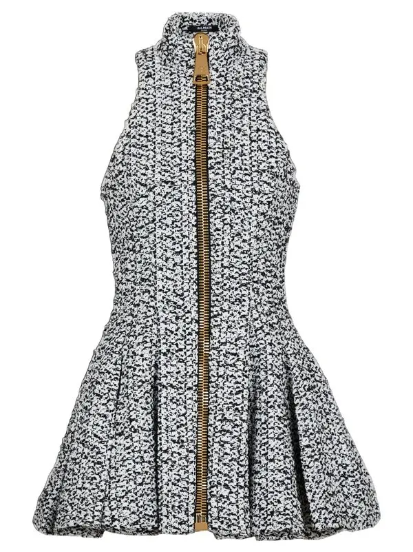 Balmain Sleeveless Flared Tweed Dress - Gray