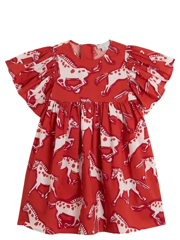Stella McCartney Horse-print Ruffled Short Sleeve Dress - Red