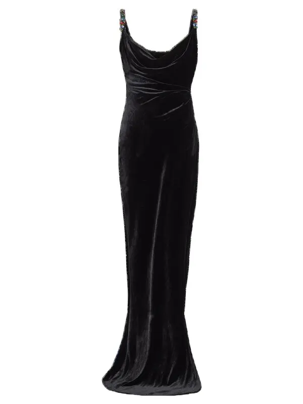 Balmain Long Velvet Gown With Embellished Straps - Black