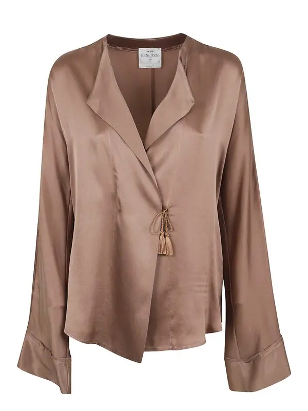 FORTE_FORTE Shiny Stretch Silk Satin Crossed Shirt - Brown