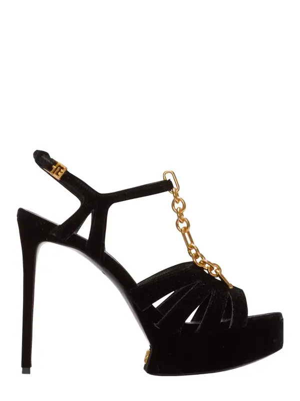 Balmain Velvet Platform Chain Embellished High Heel Sandals - Black