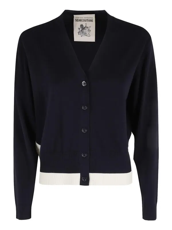 SEMICOUTURE V-neck Cardigan With Ribbed Trim - Black