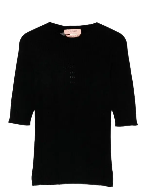 TWINSET Ribbed Knit Top With Openwork Details - Black
