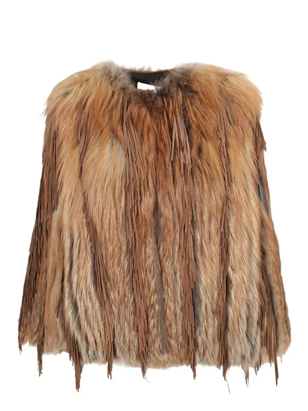 YVES SALOMON Long Fur Coat With Tassels - Brown