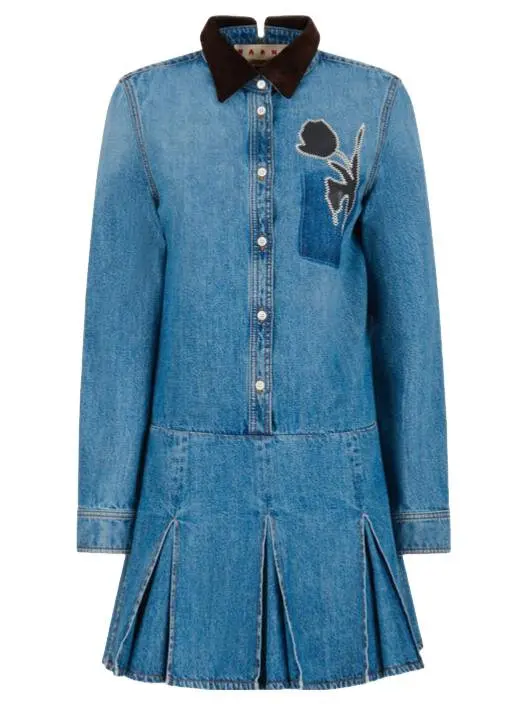 Marni Denim Mini Dress With Velvet Collar And Pleated Skirt - Blue
