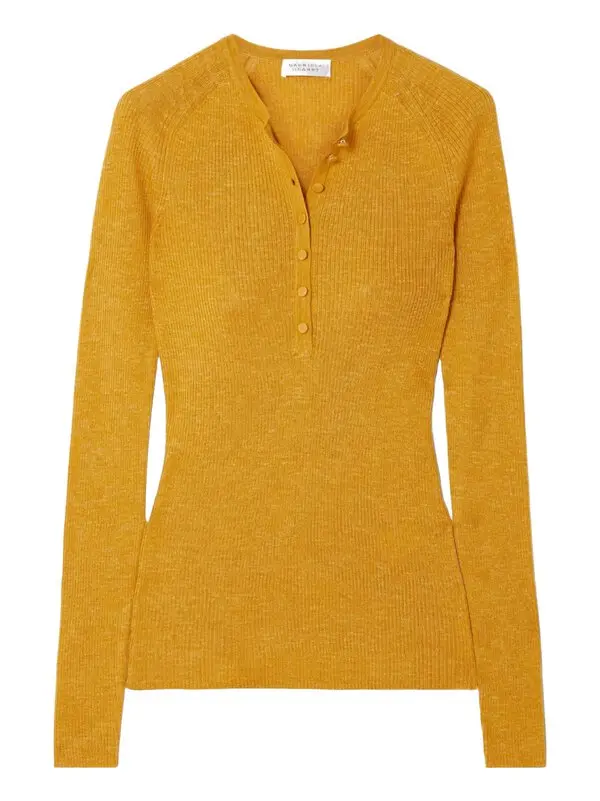 Gabriela Hearst Ribbed Knit Long Sleeve Sweater With Button Closure - Mustard Yellow