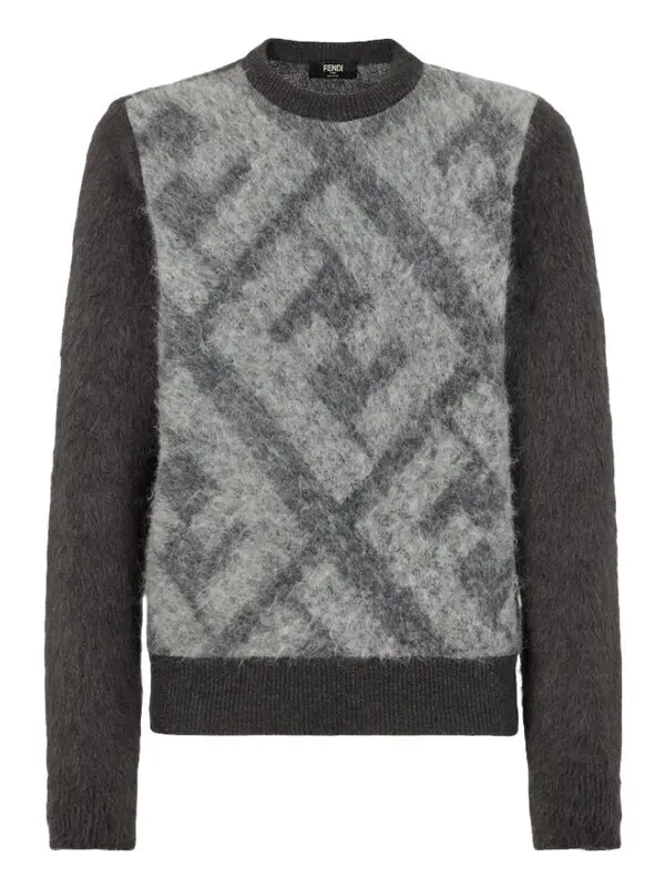 Fendi Crewneck Knitted Sweater With Ff Pattern - Gray