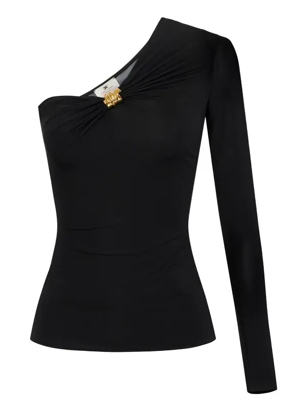 Elisabetta Franchi One-shoulder Draped Top With Jewelled Clasp - Black